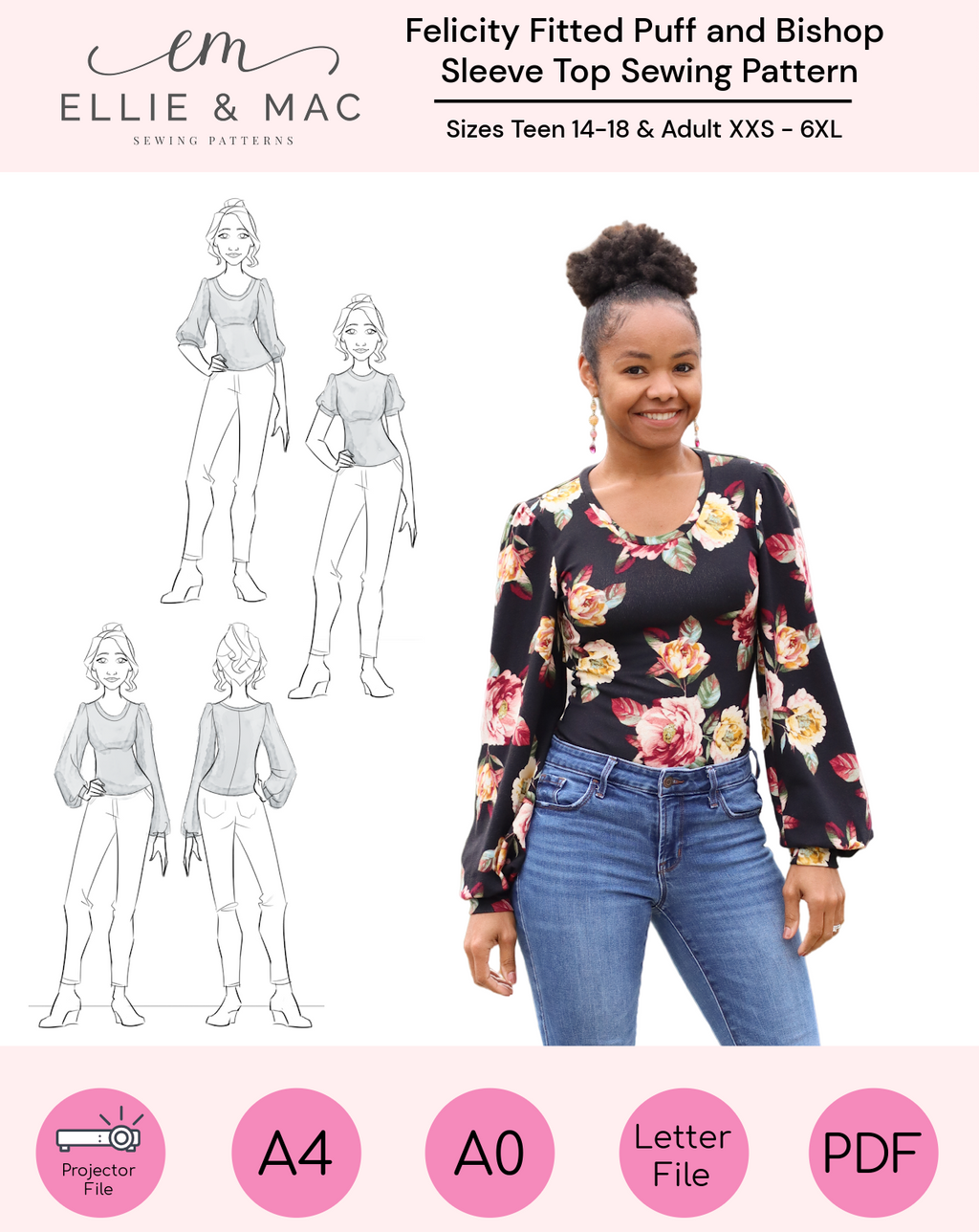Felicity Fitted Puff and Bishop Sleeve Top PDF Sewing Pattern